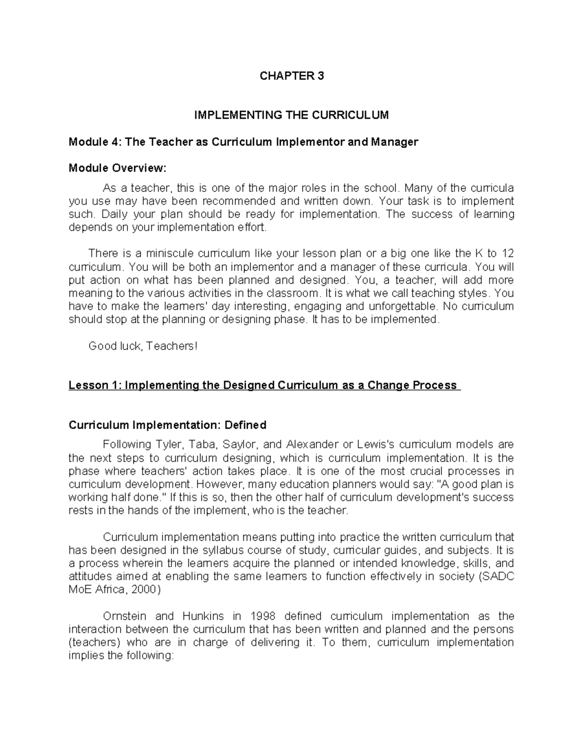 PROFED 609 CHAPTER 3: Implementing the Curriculum as a Teacher's Role ...