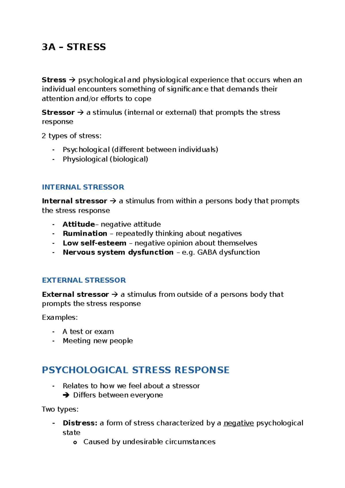 3A - Stress: Psychological and Physiological Responses Summary - Studocu