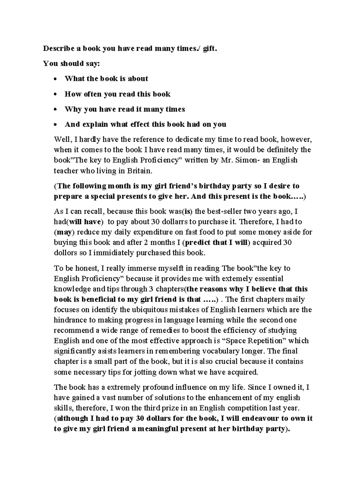 Describe a book you have read many times - / gift. You should say: What ...