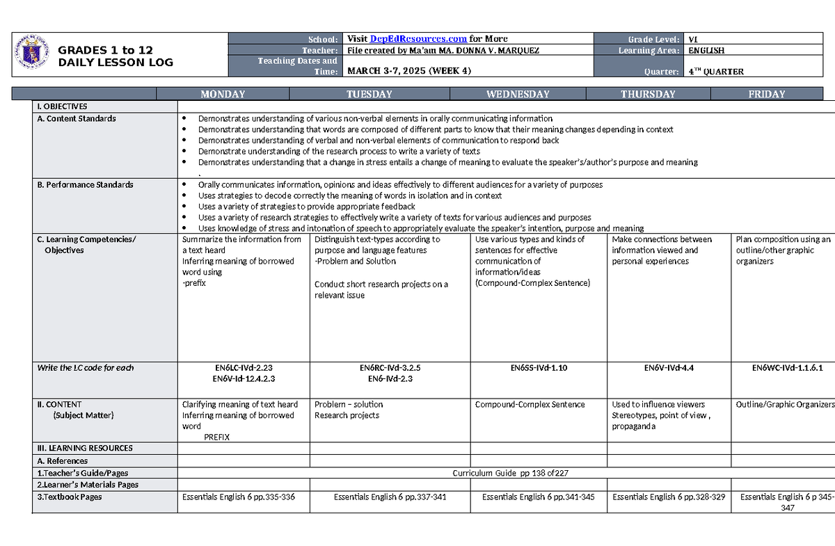 DLL English 6 Q4 W4 - Comprehensive Lesson Plan for Week 4 - Studocu