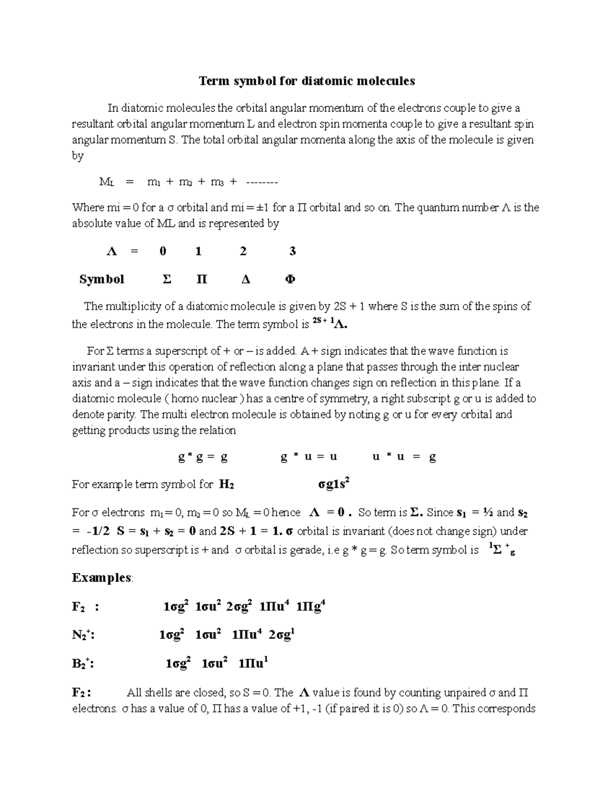 Term Symbols for Diatomic Molecules: Analysis and Examples - Studocu