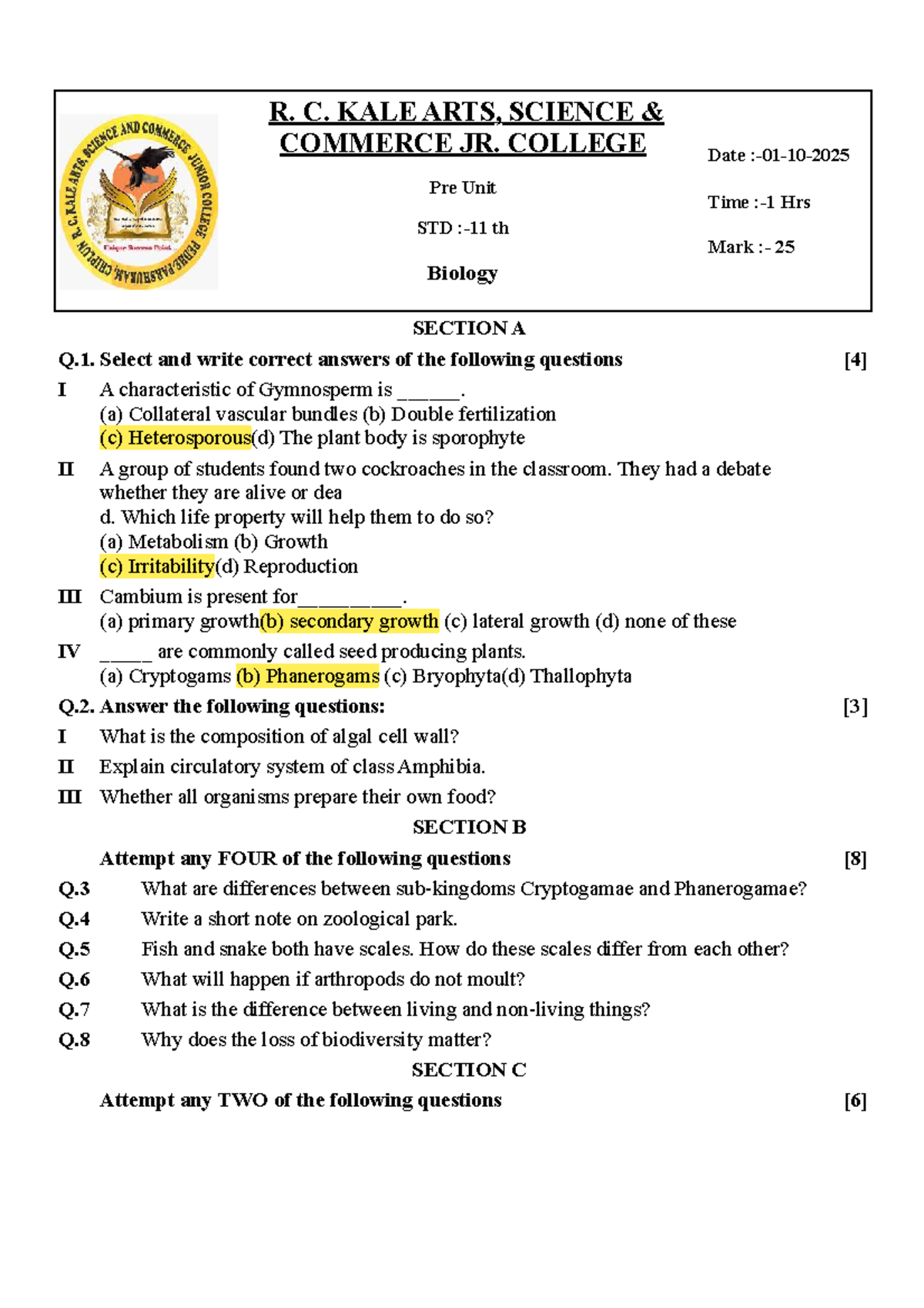 Biology Pre Unit Exam 251002: Key Questions & Answers - Studocu