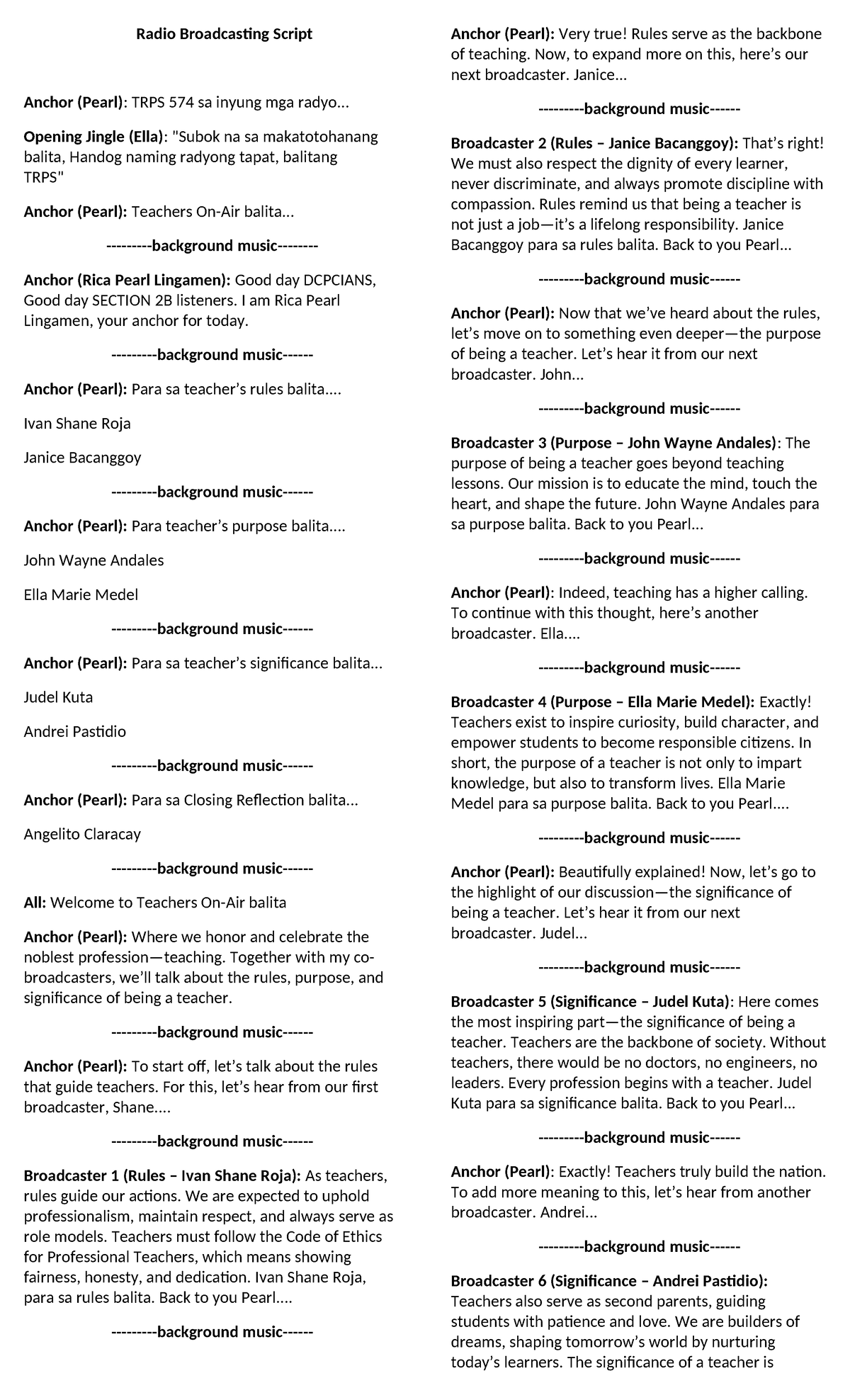 Radio Broadcasting Script: TRPS 574 - The Role of Teachers - Studocu