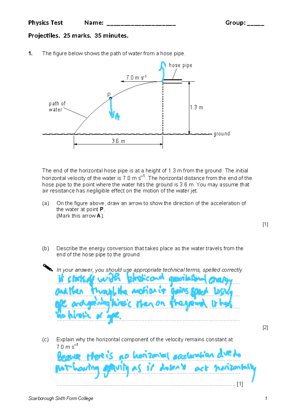 Physics Test: Projectiles (10) - Energy Conversion & Motion Analysis ...