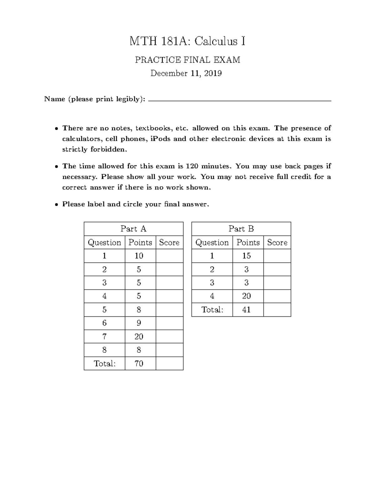 Calculus I Practice Final Exam - MTH 181A - December 2019 - Studocu
