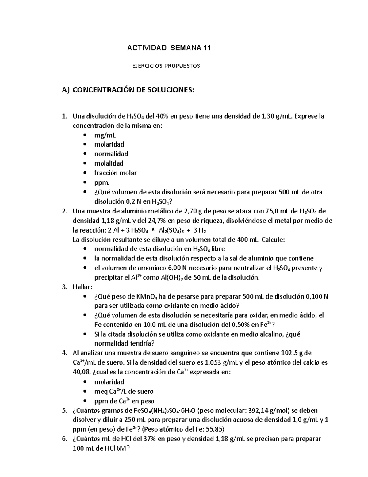 Ejercicios Propuestos Semana 11 - ACTIVIDAD SEMANA 11 EJERCICIOS PROPUESTOS A) CONCENTRACIÓN DE ...