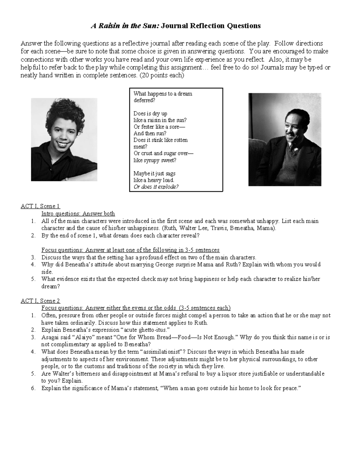 A Raisin in the Sun (ENG 201): Journal Reflection Questions Guide - Studocu