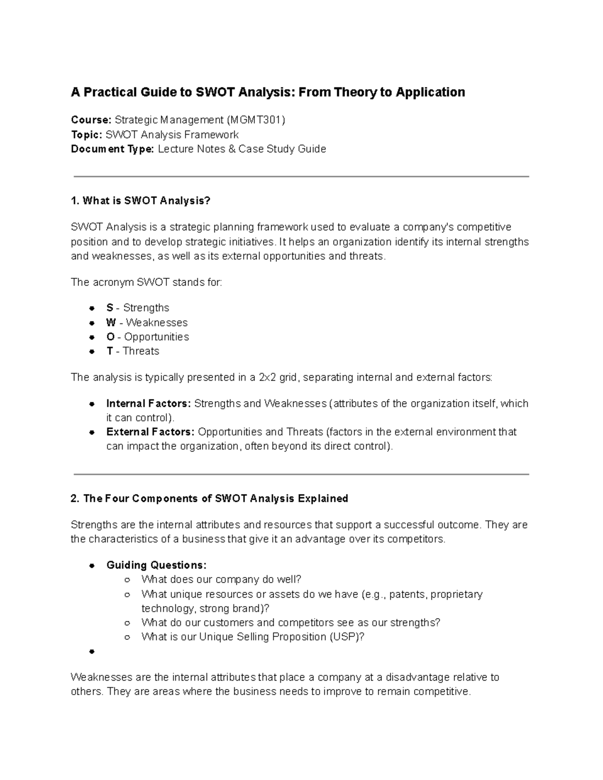 SWOT Analysis Lecture Notes: A Strategic Management Guide - Studocu