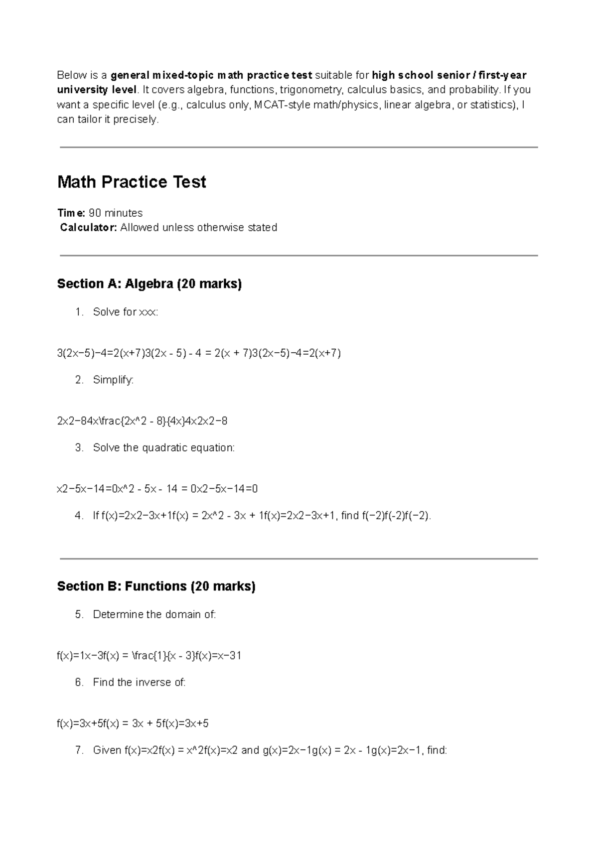 Math Practice Test for High School Seniors: Algebra to Calculus - Studocu