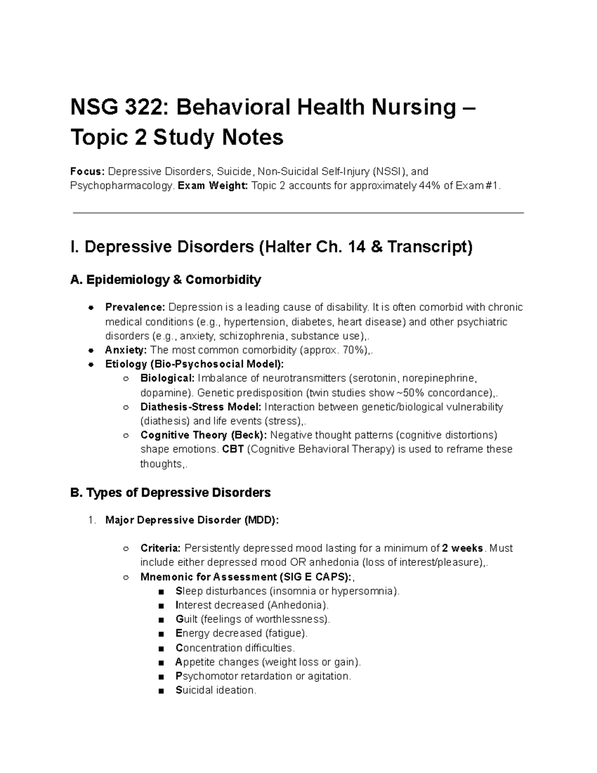 NSG 322: Behavioral Health Nursing Topic 2 Study Notes on Depression ...