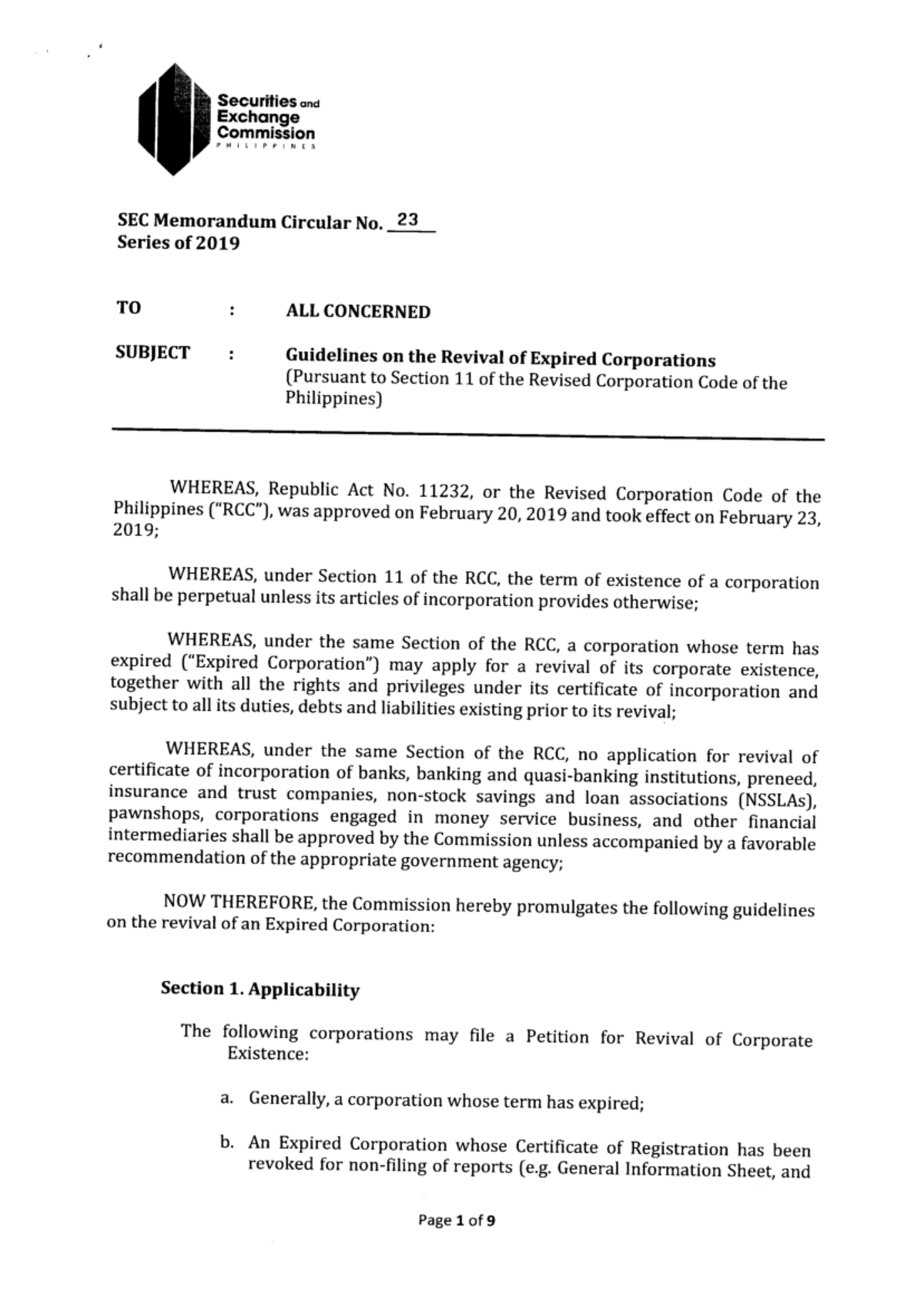 2019 SEC Memo Circular: Key Highlights and Implications - Studocu