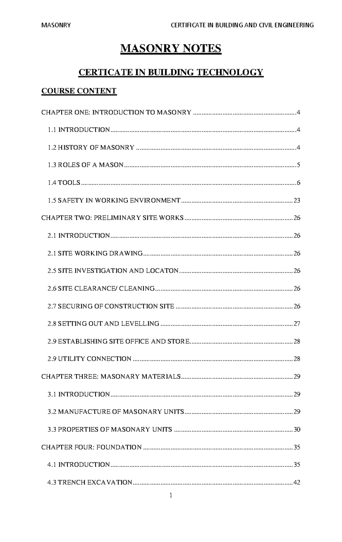 Masonry Notes - Certificate in Building Technology - CBT-1 - Studocu