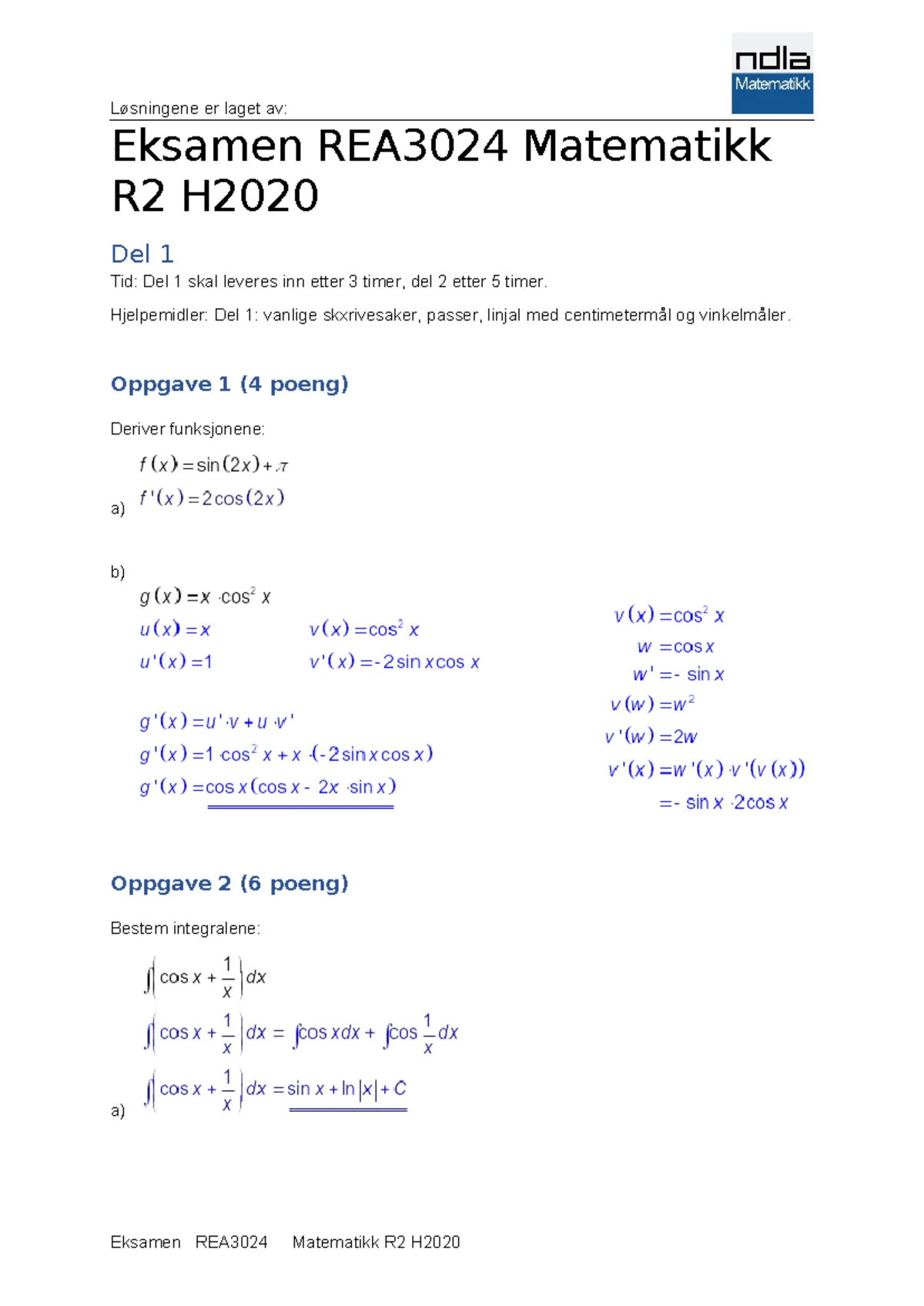 Løsningsforslag til eksamen i matematikk R2 Våren 2024 - Del 1 - Studocu