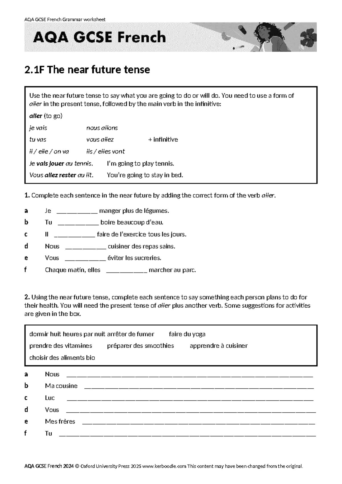 AQA GCSE French Grammar Worksheet 2.1F: Near Future Tense Practice ...
