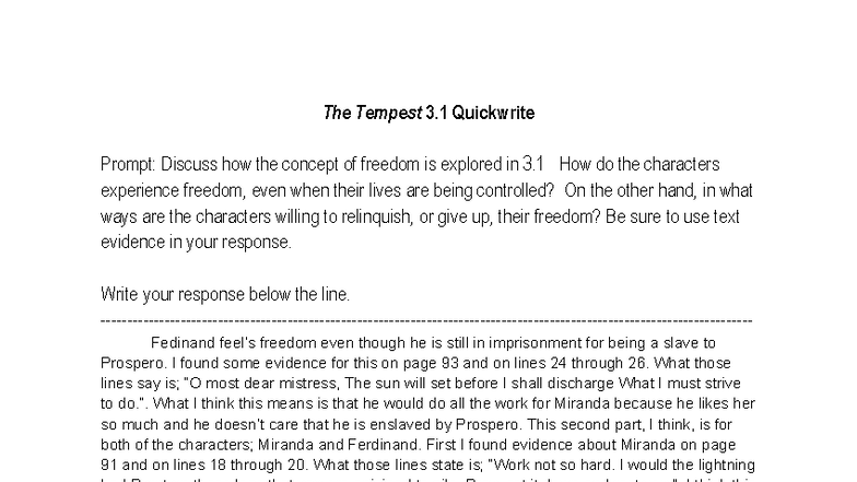 Dirk Anderson - 20 Quickwrite 3.1: Exploring Freedom in The Tempest 3.1 ...