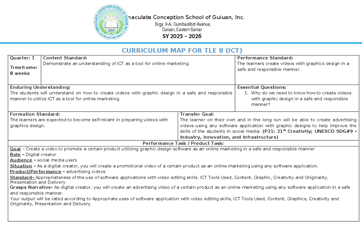 Curriculum Map for TLE 8 (ICT) - Quarter 1: Video Creation & Marketing ...
