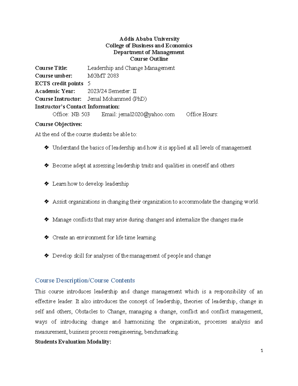 MGMT 2083: Leadership & Change Management Course Outline 2023/24 - Studocu