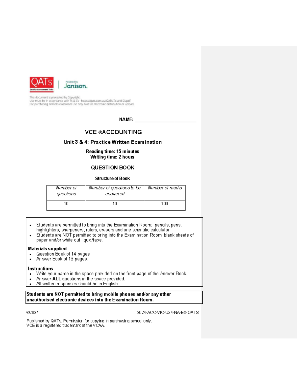 VCE Accounting Practice Exam Units 3 & 4 - 2024 - Studocu