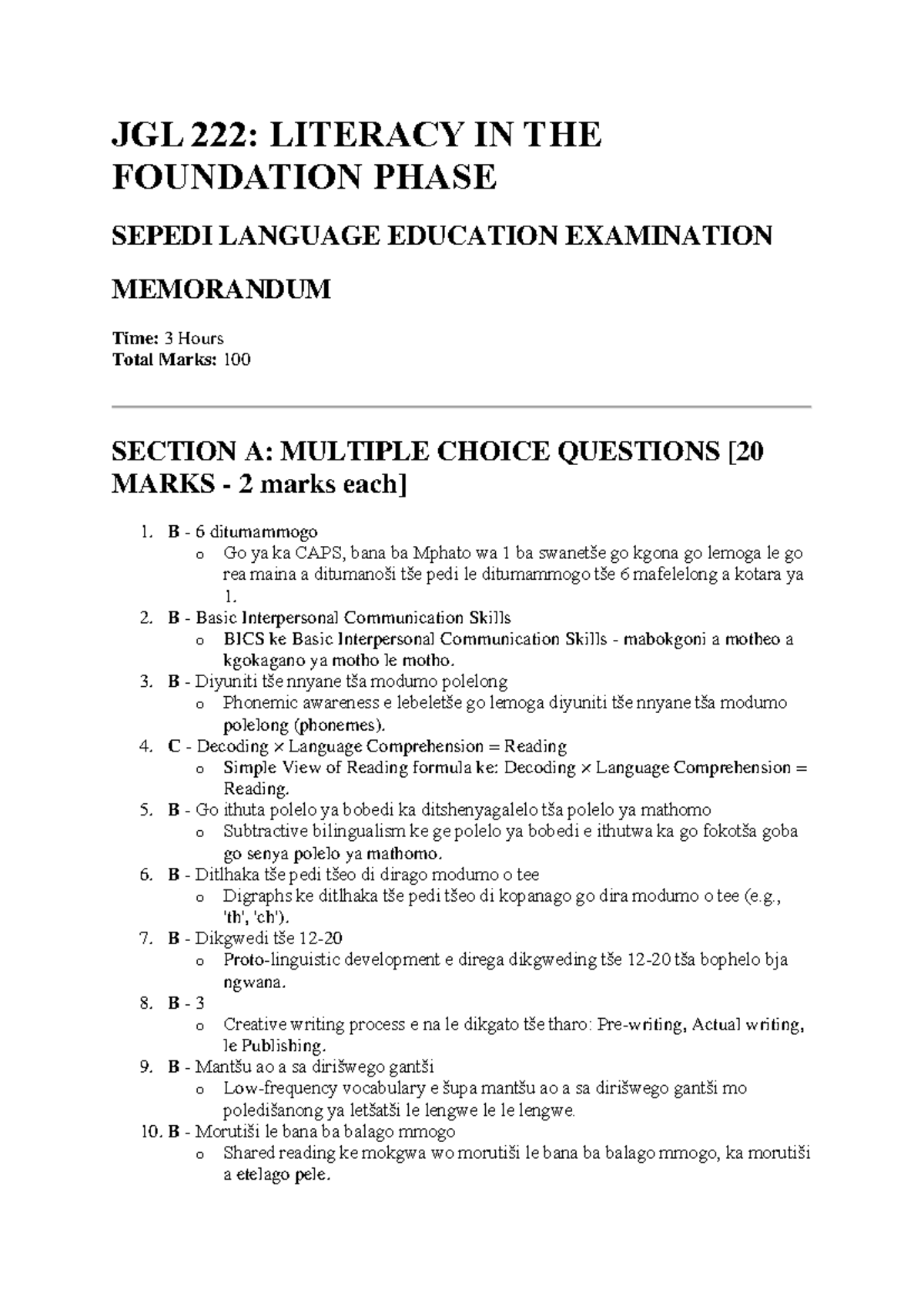 JGL 222 Literacy in the Foundation Phase Sepedi Language Exam Memo ...