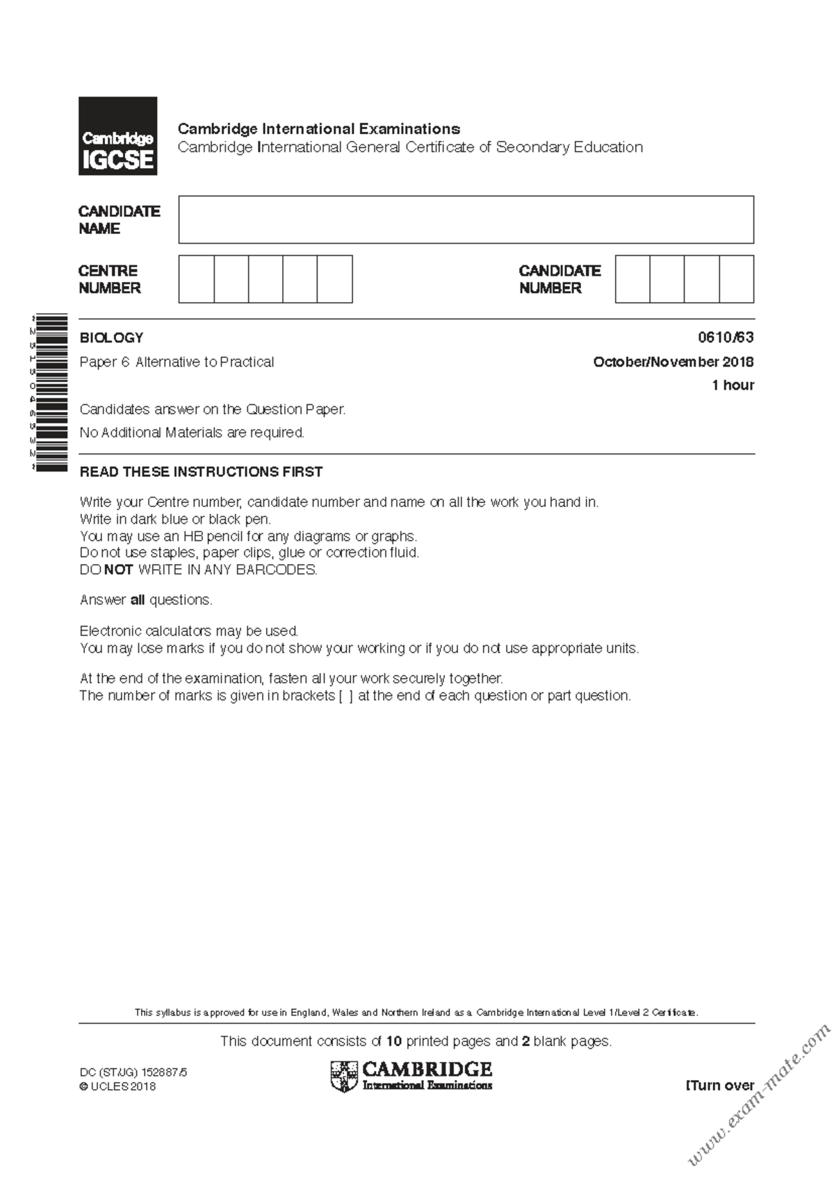 Cambridge IGCSE Biology Paper 6 Alternative to Practical 2018 Exam ...