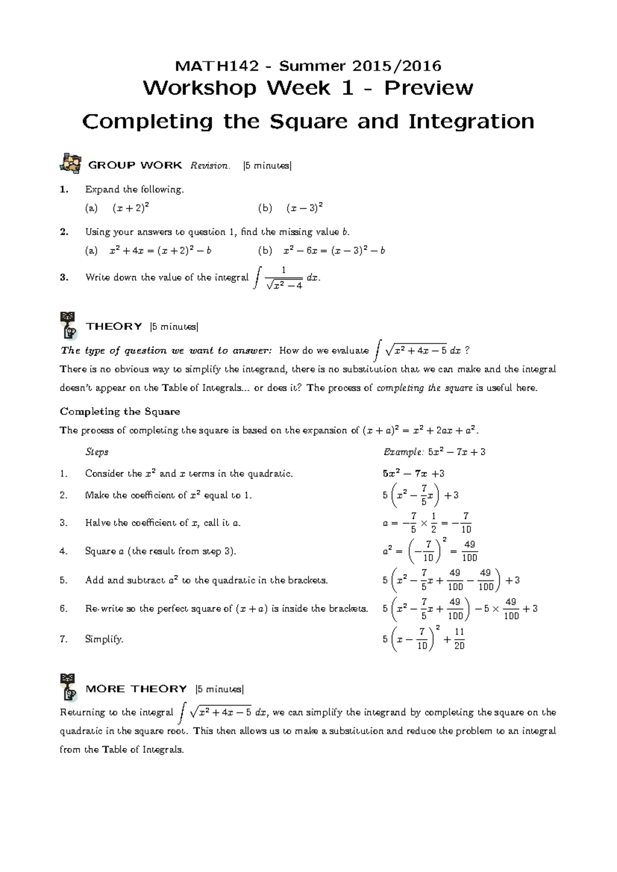 MATH142 Summer Workshop Week 1: Completing the Square & Integration ...