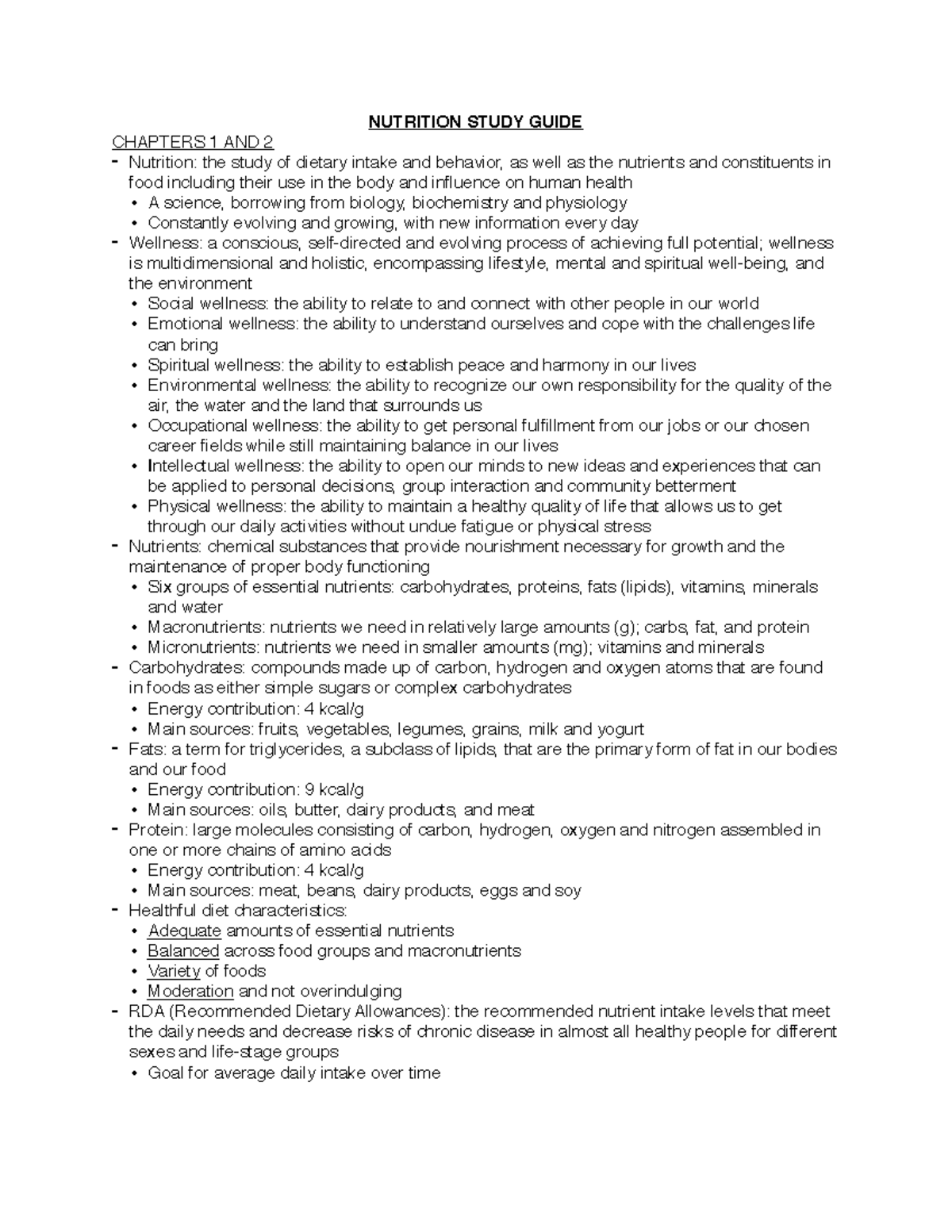 Nutrition 101: Midterm Study Guide on Wellness and Nutrients - Studocu
