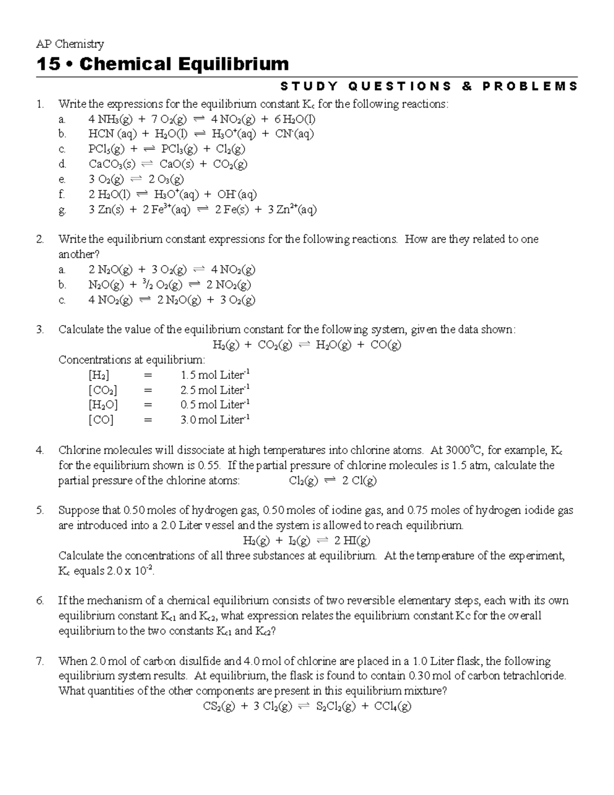 21R - AP Chem Ch. 15 Equilibrium Study Questions & Problems - Studocu