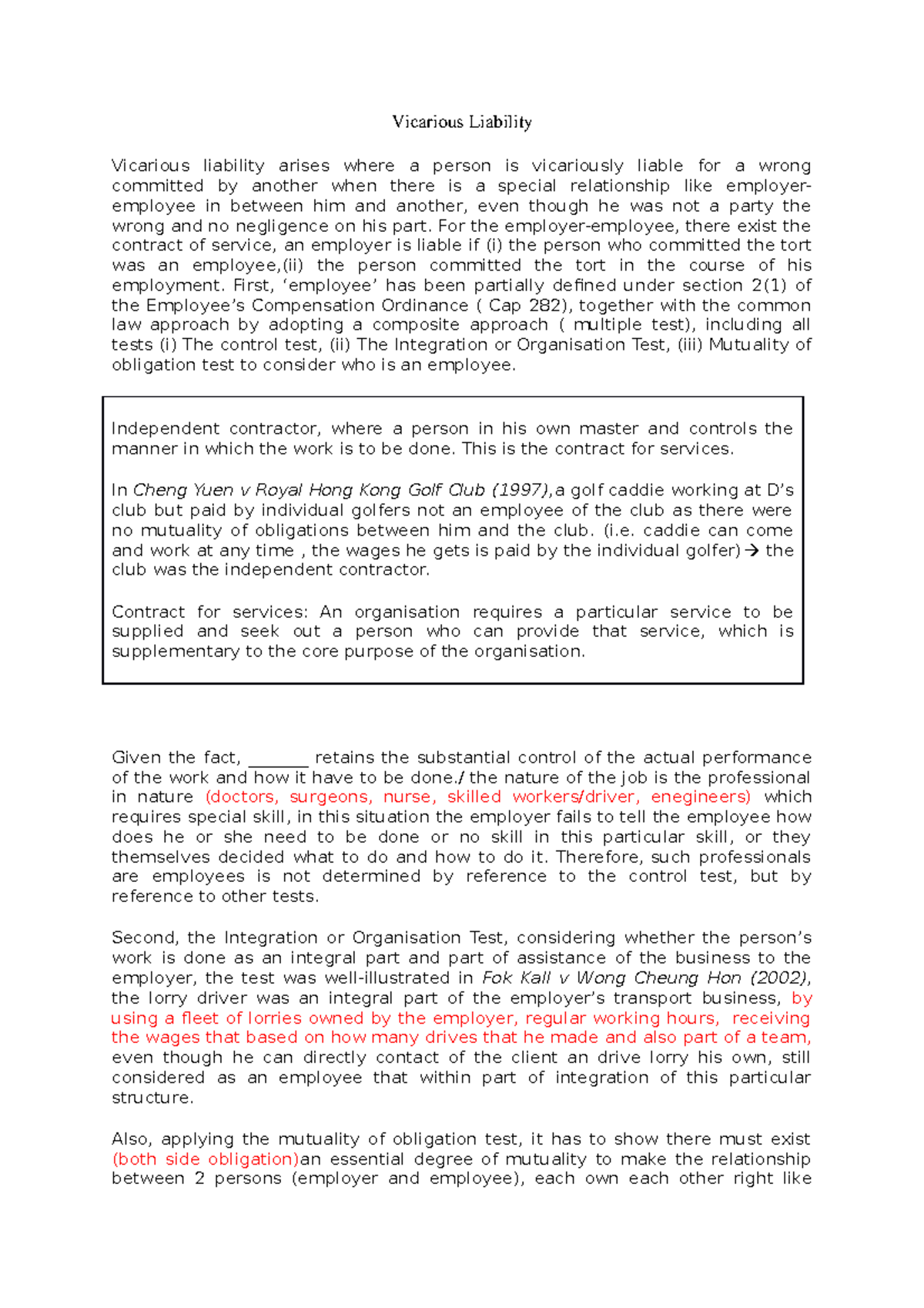 Vicarious Liability: Case Facts and Legal Principles - Law 101 - Studocu