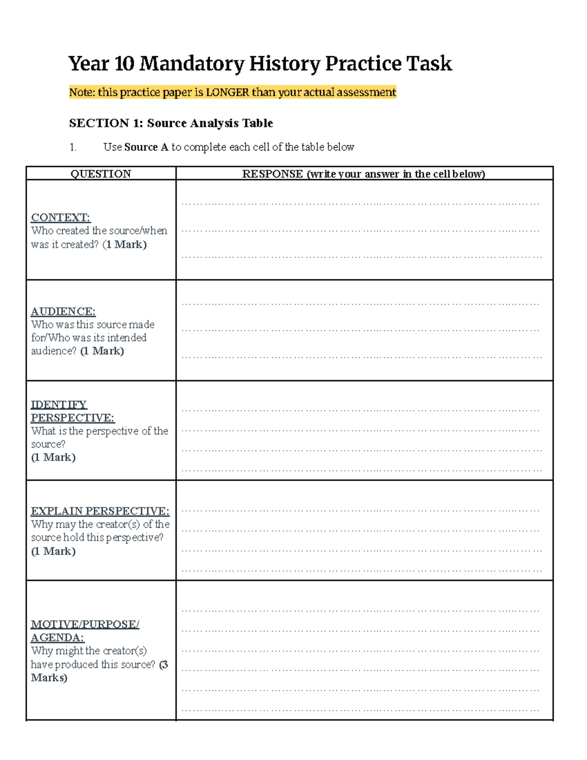 Y10 Mandatory History Practice Task: Source Analysis & Short Answers ...