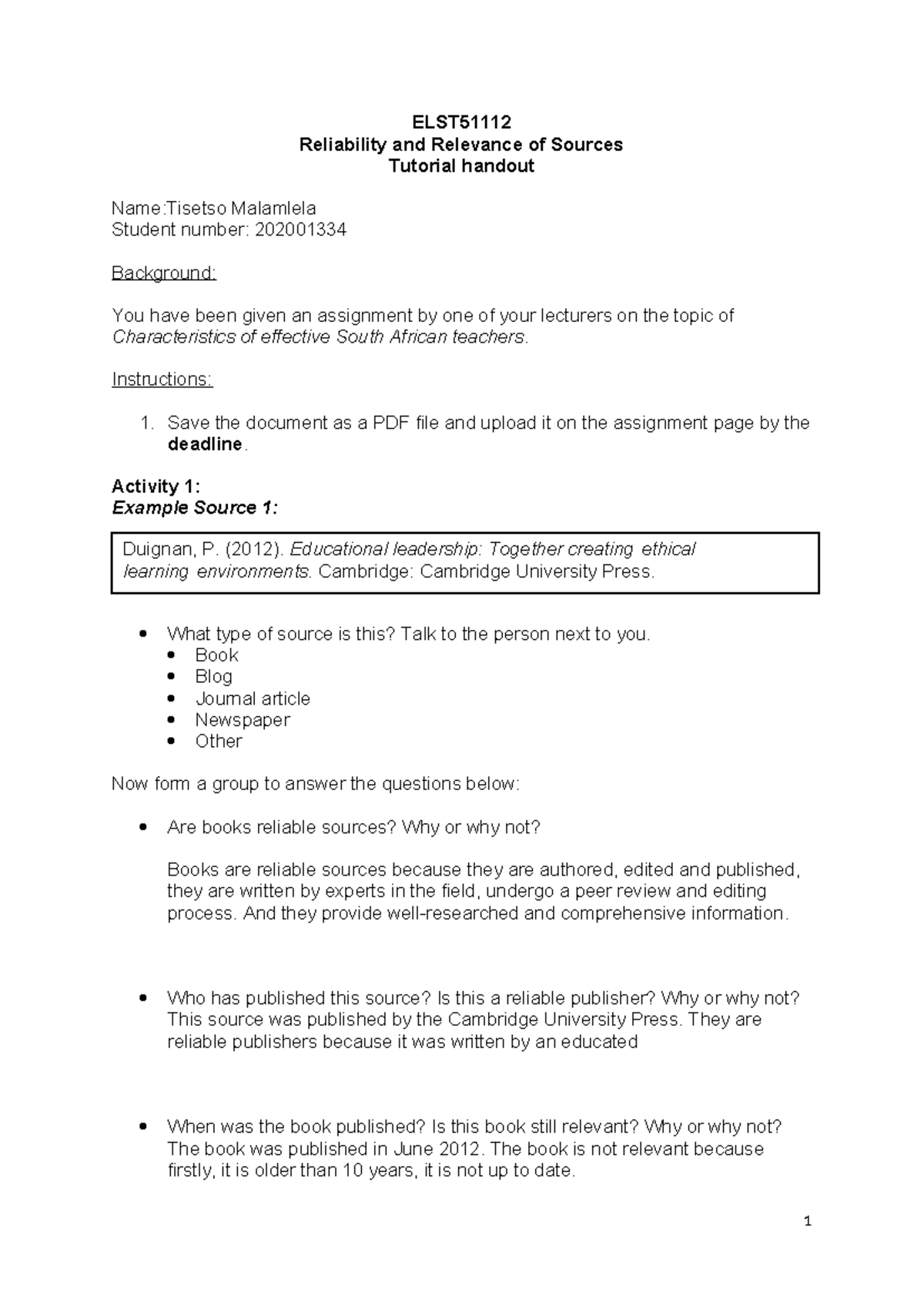 ELST511 Tutorial Handout on Valid & Reliable Sources for Essays - Studocu