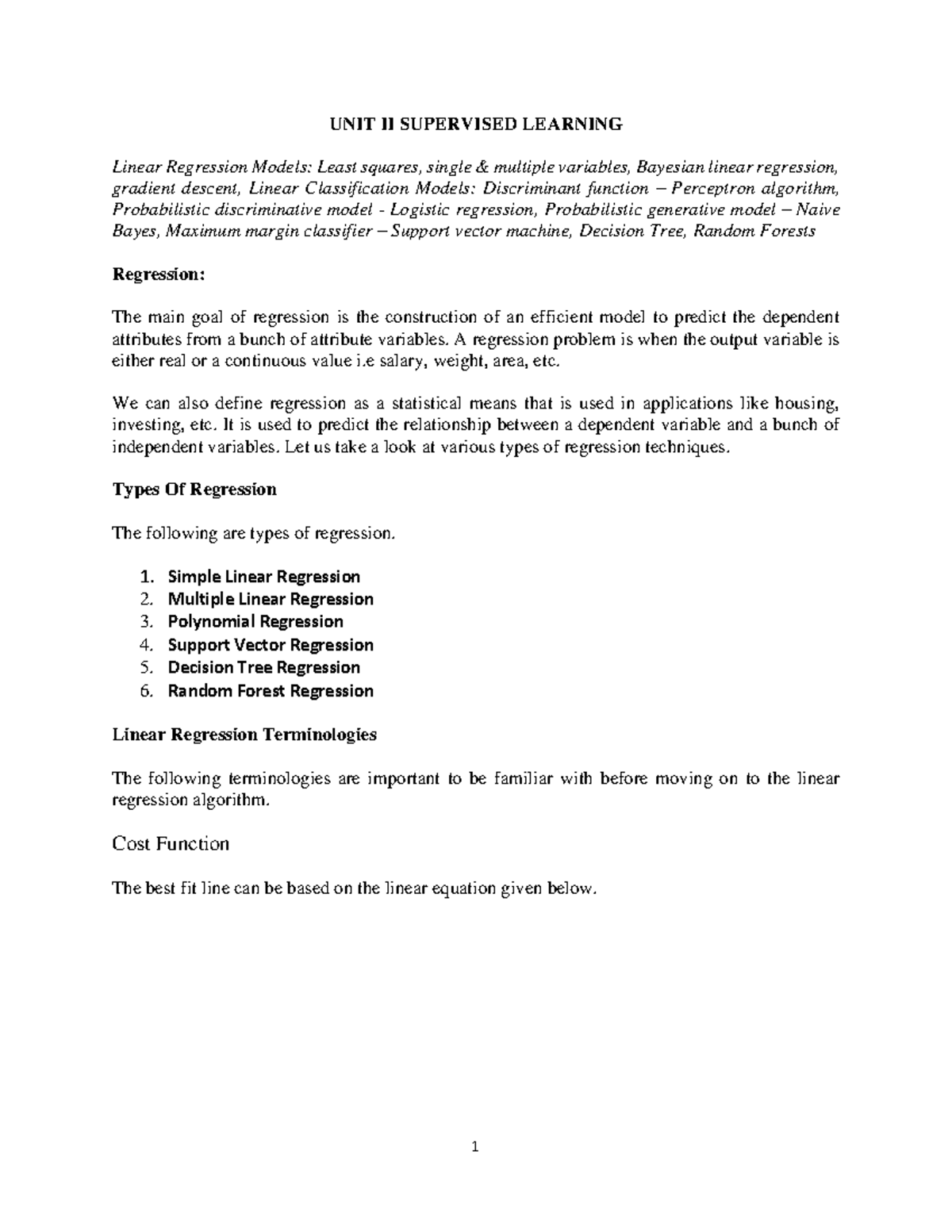 UNIT II Final Exam Notes: Supervised Learning & Regression Techniques ...