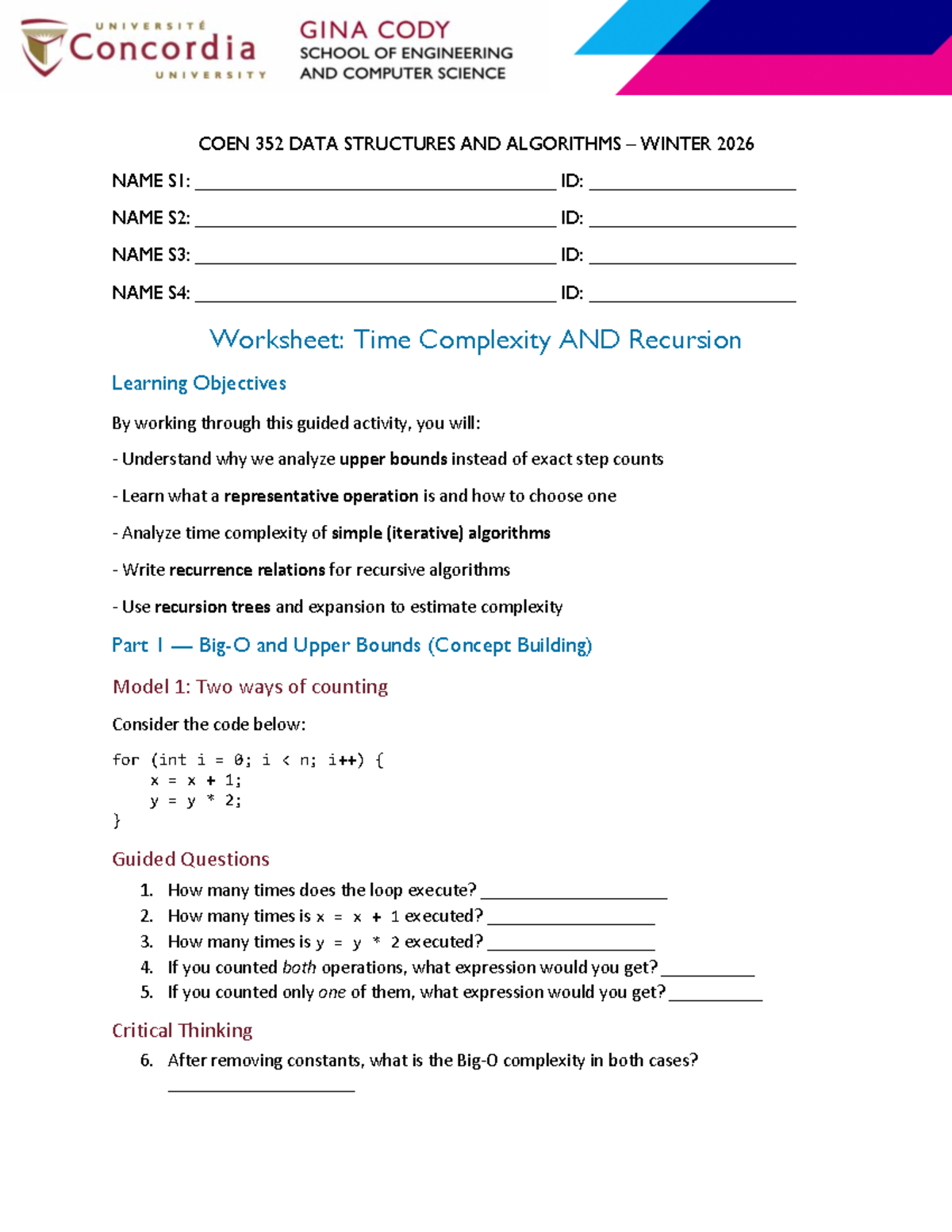 COEN 352 Worksheet: Time Complexity & Recursion - Studocu