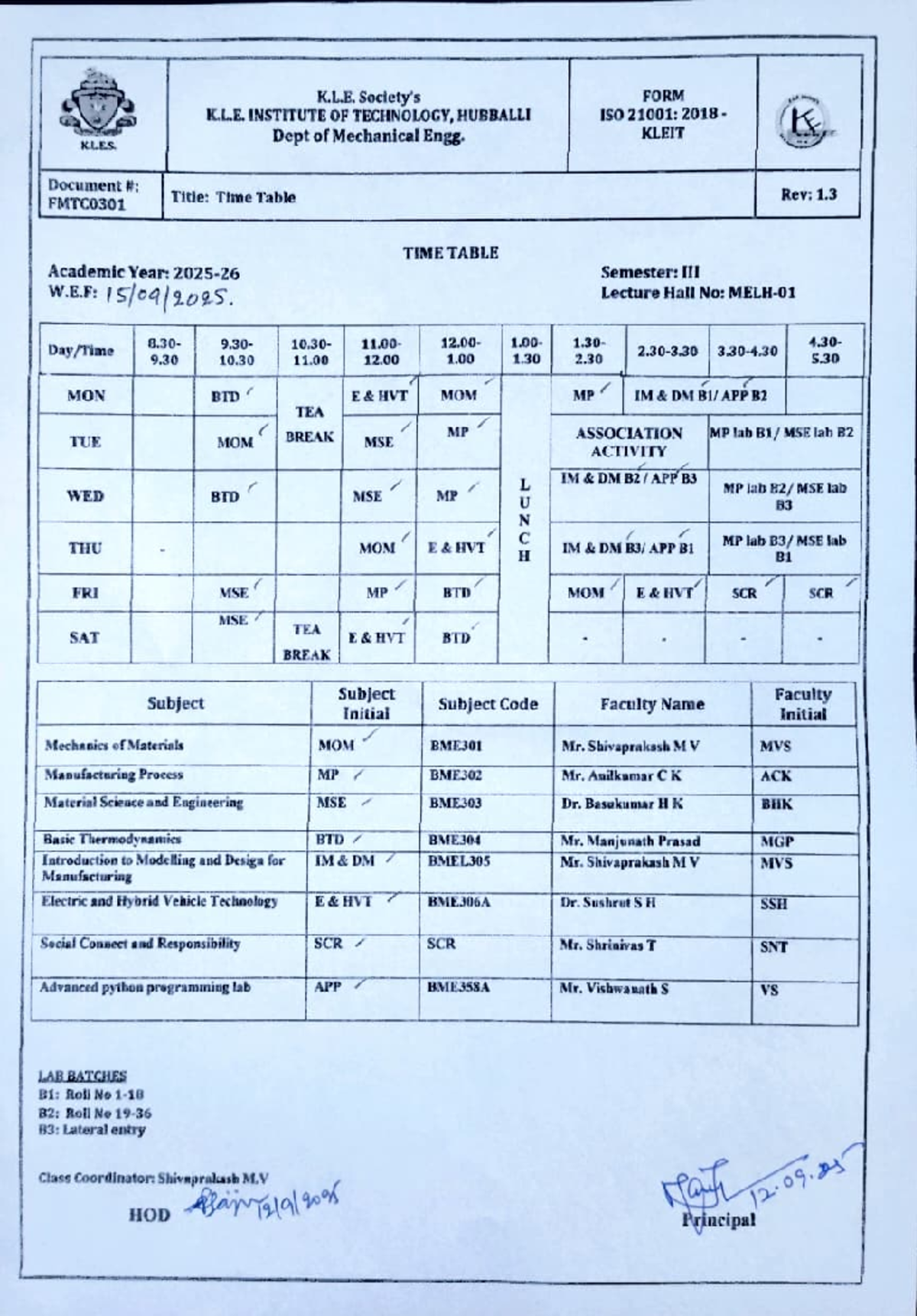 3rd Sem Time Table for BME301, BME302, BME303, BME304, BME305, BME306A ...