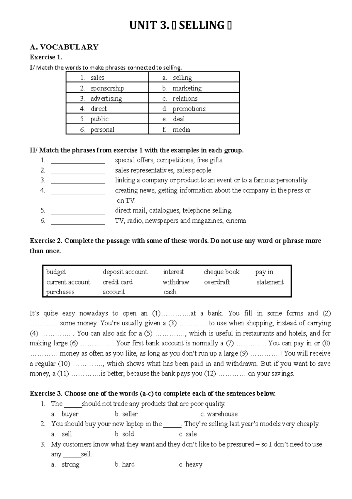 UNIT 3: Vocabulary & Reading on Selling Concepts (ML Pre-Inter) - Studocu