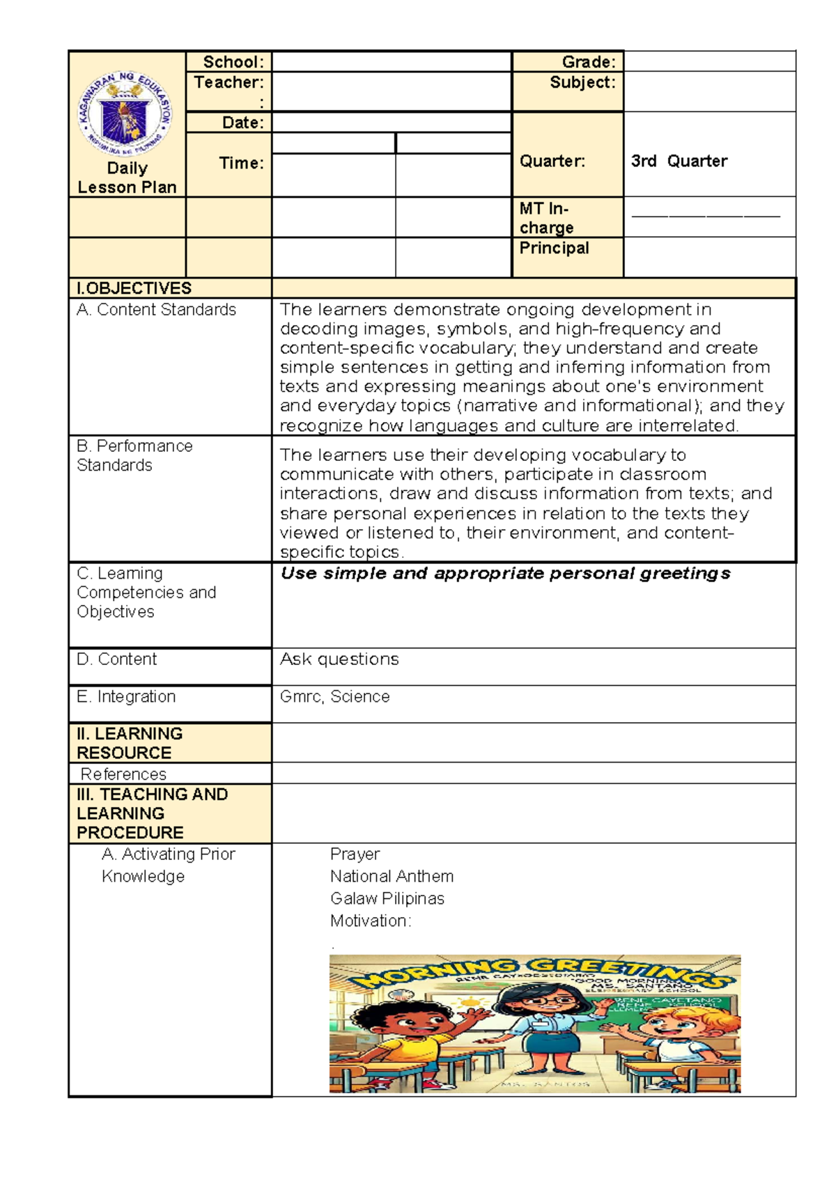 Lesson Plan: Using Simple Personal Greetings - 3rd Quarter - Studocu