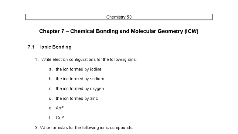 Chemistry 50 Chapter 7: Ionic & Covalent Bonding Worksheet (ICW) - Studocu