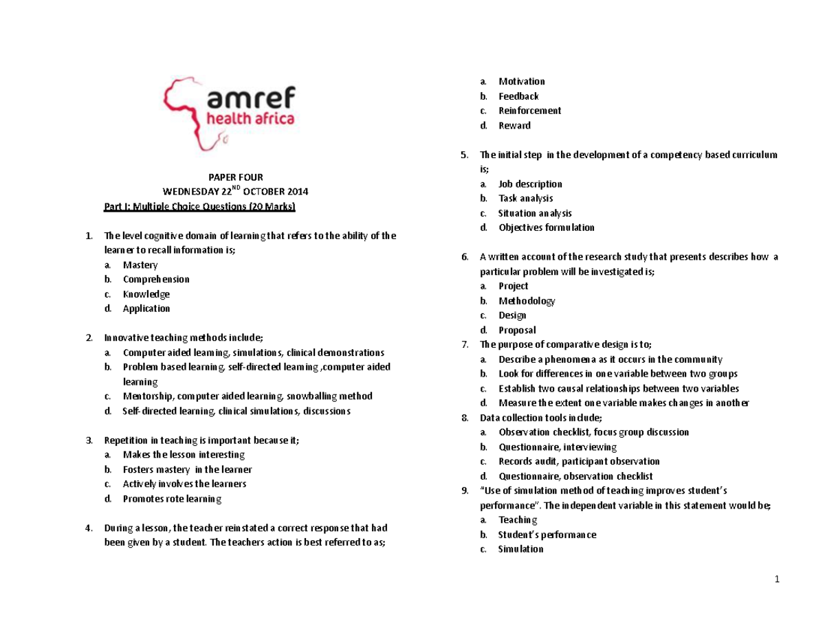 Revision paper four: Comprehensive study guide for nursing exams - Studocu