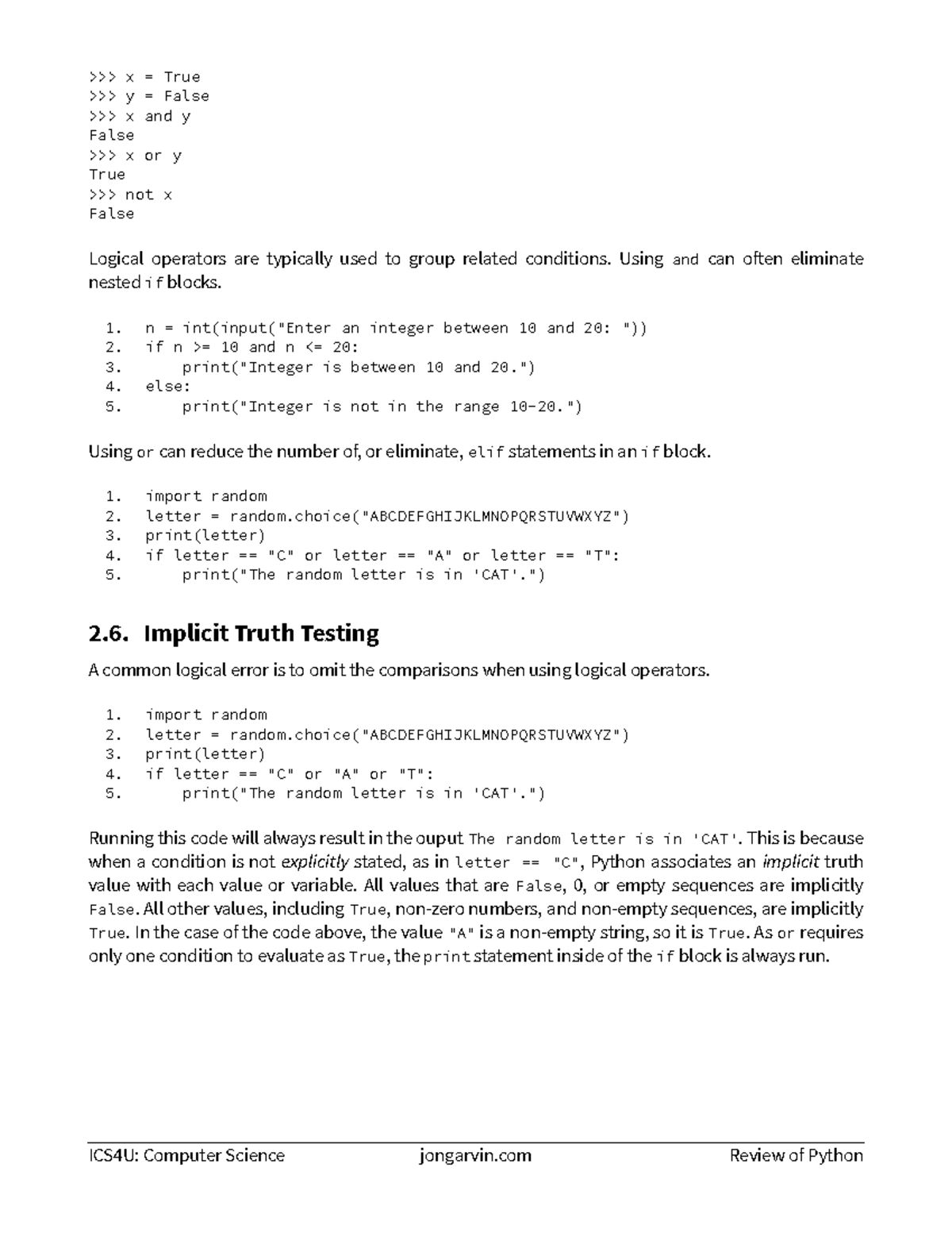 ICS4U: Review of Python Logical Operators and Truth Testing - Studocu