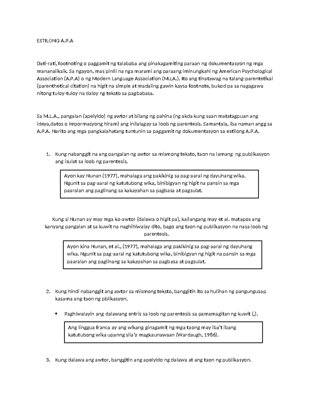 Estilong A.P.A para sa Dokumentasyon: Mga Tuntunin at Halimbawa - Studocu