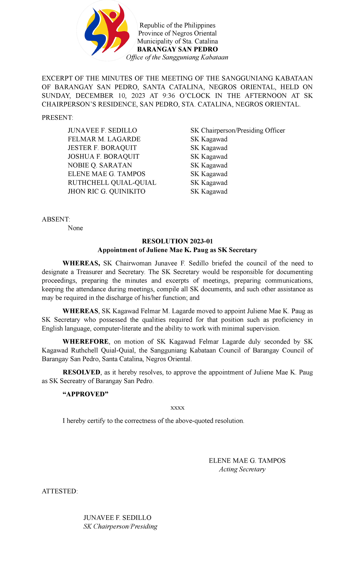 Resolution of Appointment of Secretary - Republic of the Philippines ...