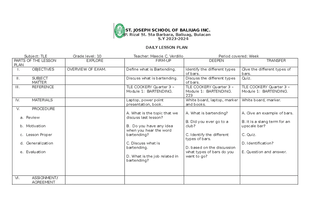 TLE Grade 10 & 9 Weekly Lesson Plan: Bartending & Baking Essentials ...
