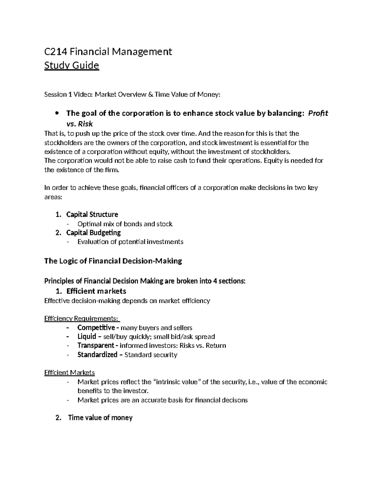 C214 Financial Management Study Guide - C214 Financial Management Study ...