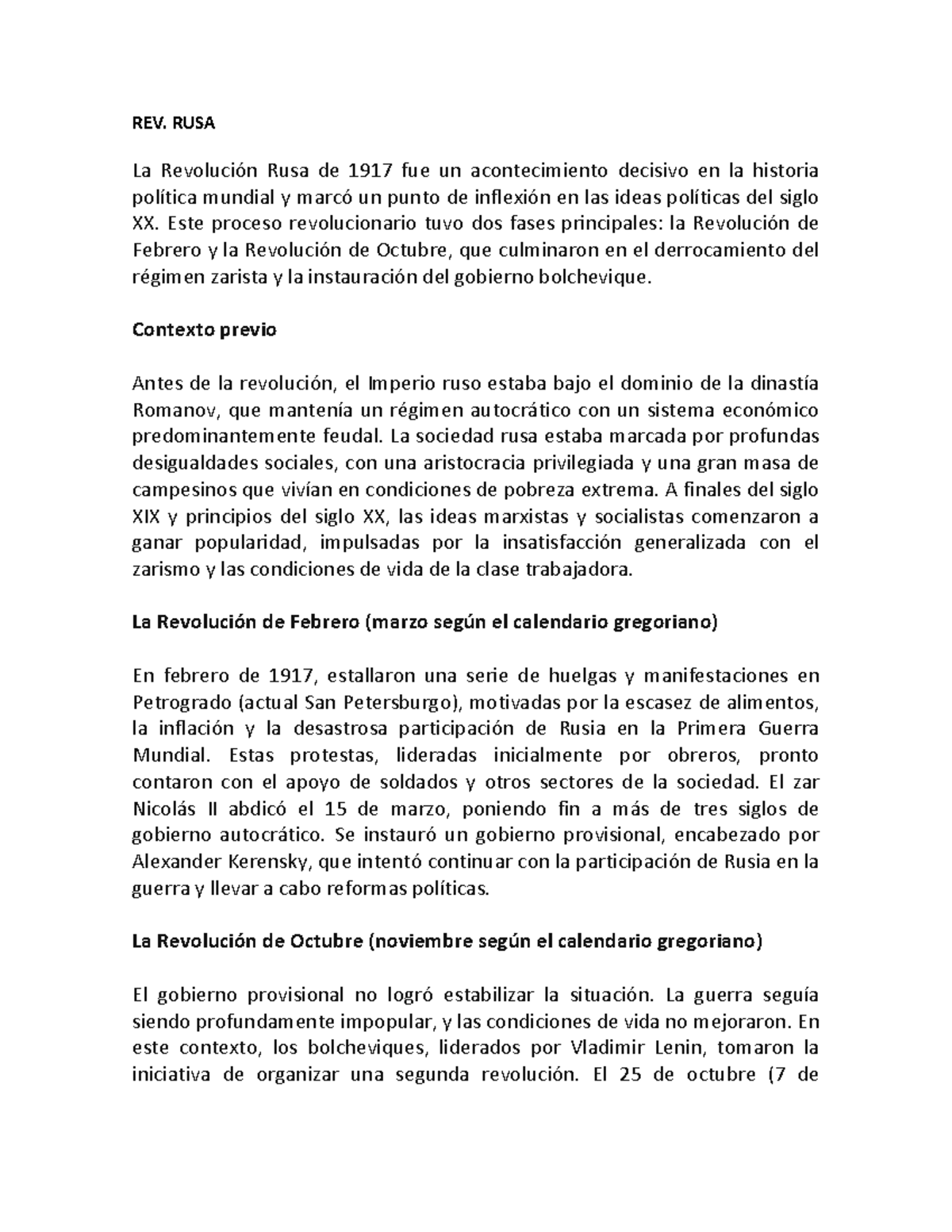 REV. RUSA: La Revolución Rusa y su Impacto Político Global - Studocu