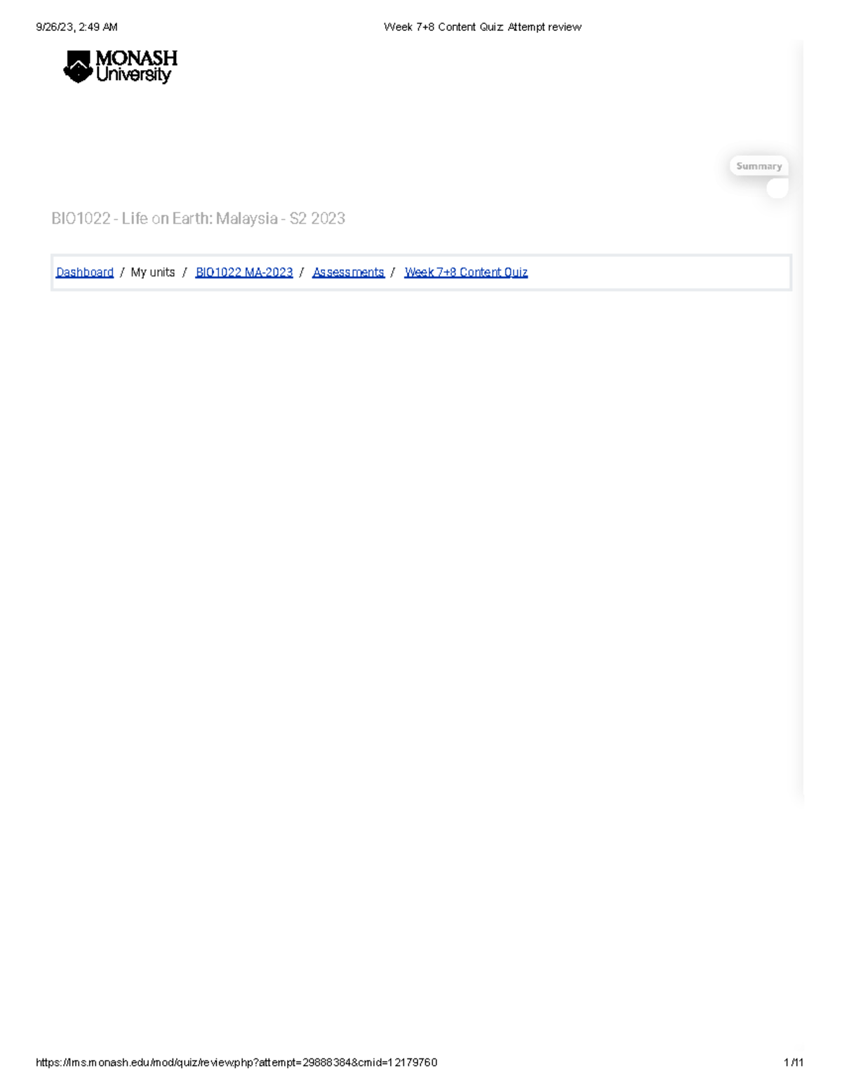 Week 7+8 Content Quiz Attempt review - Dashboard / My units / BIO1022 ...