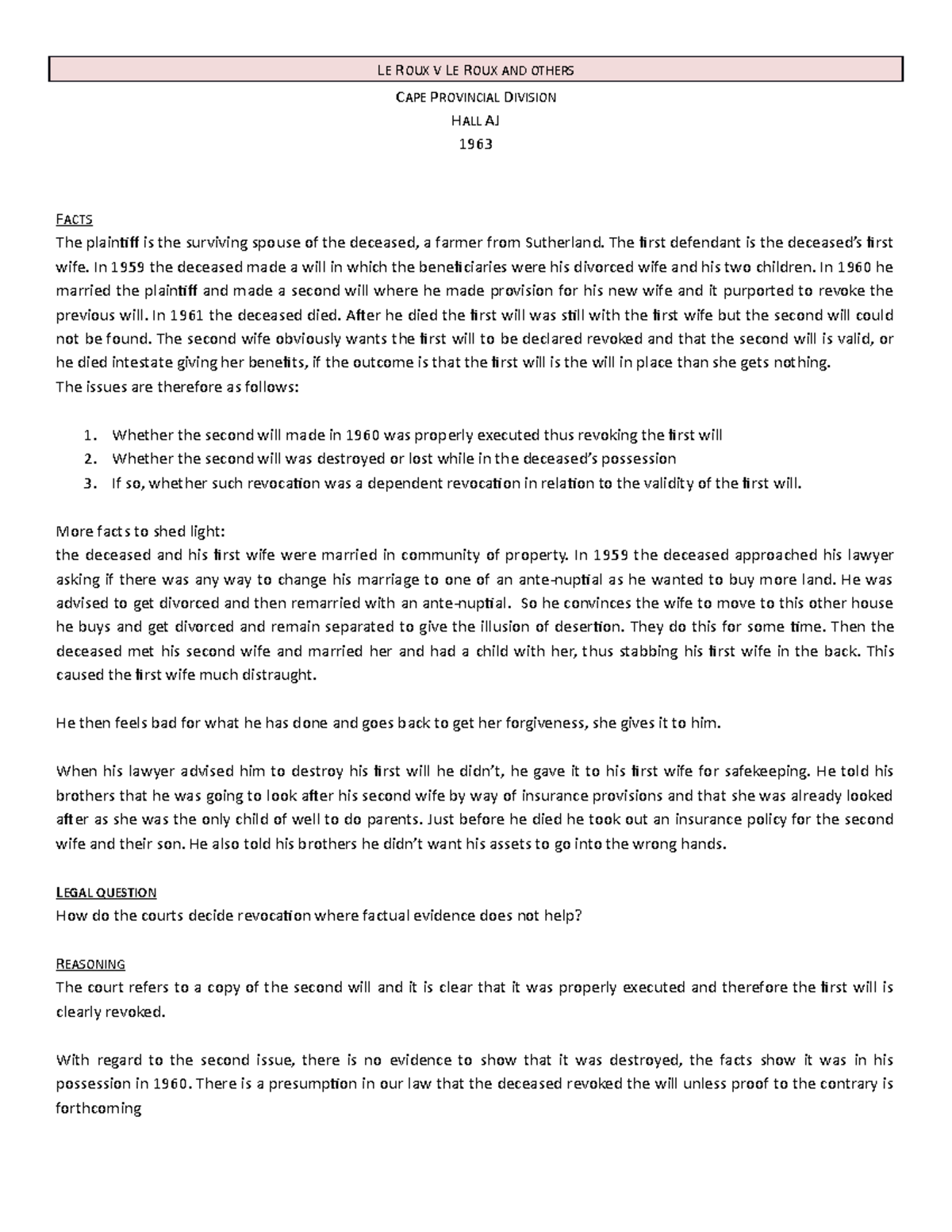 Le Roux v Le Roux: 1963 Will Revocation Case Analysis - Studocu