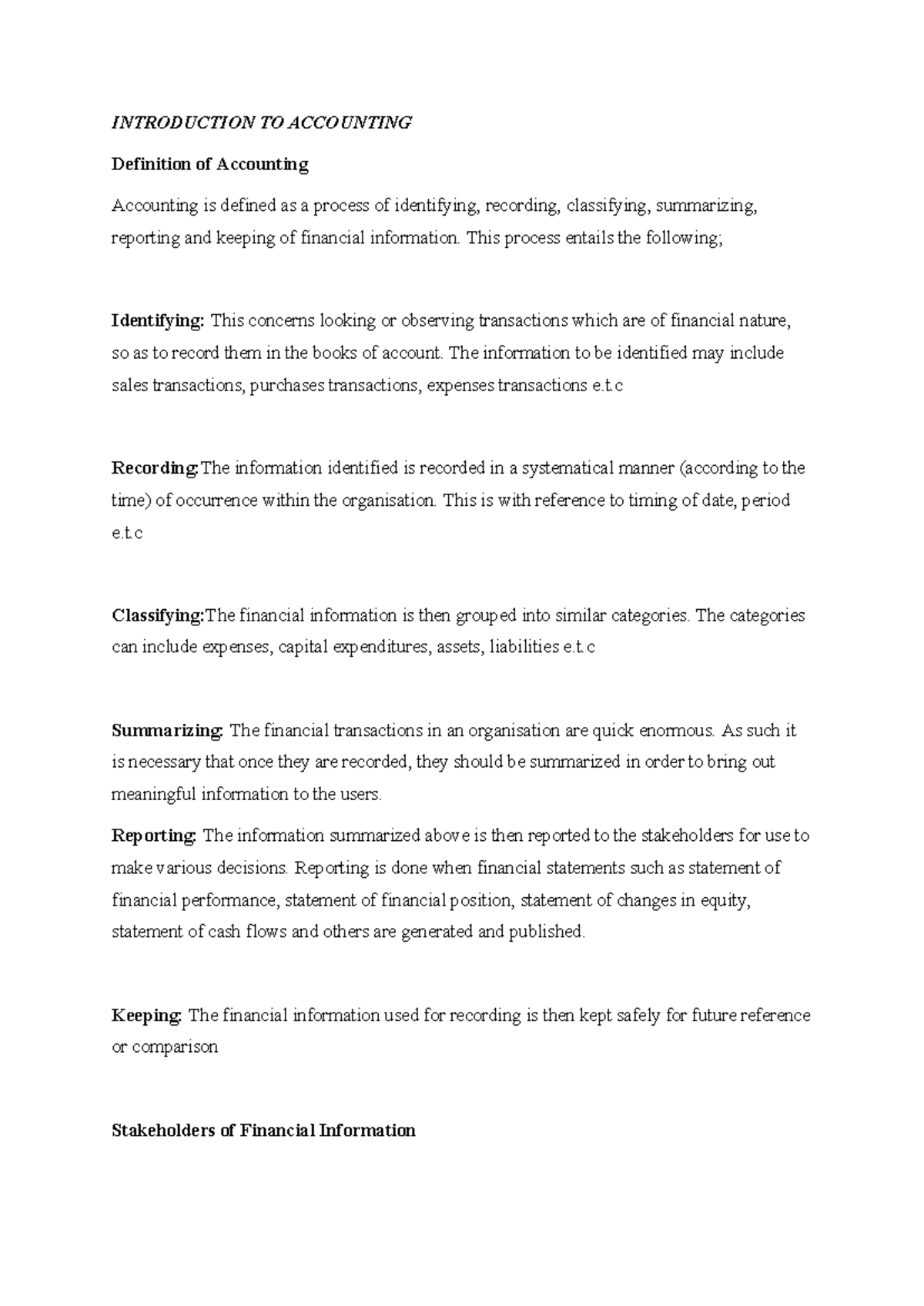 Introduction to Accounting: Key Concepts and Stakeholders Overview ...