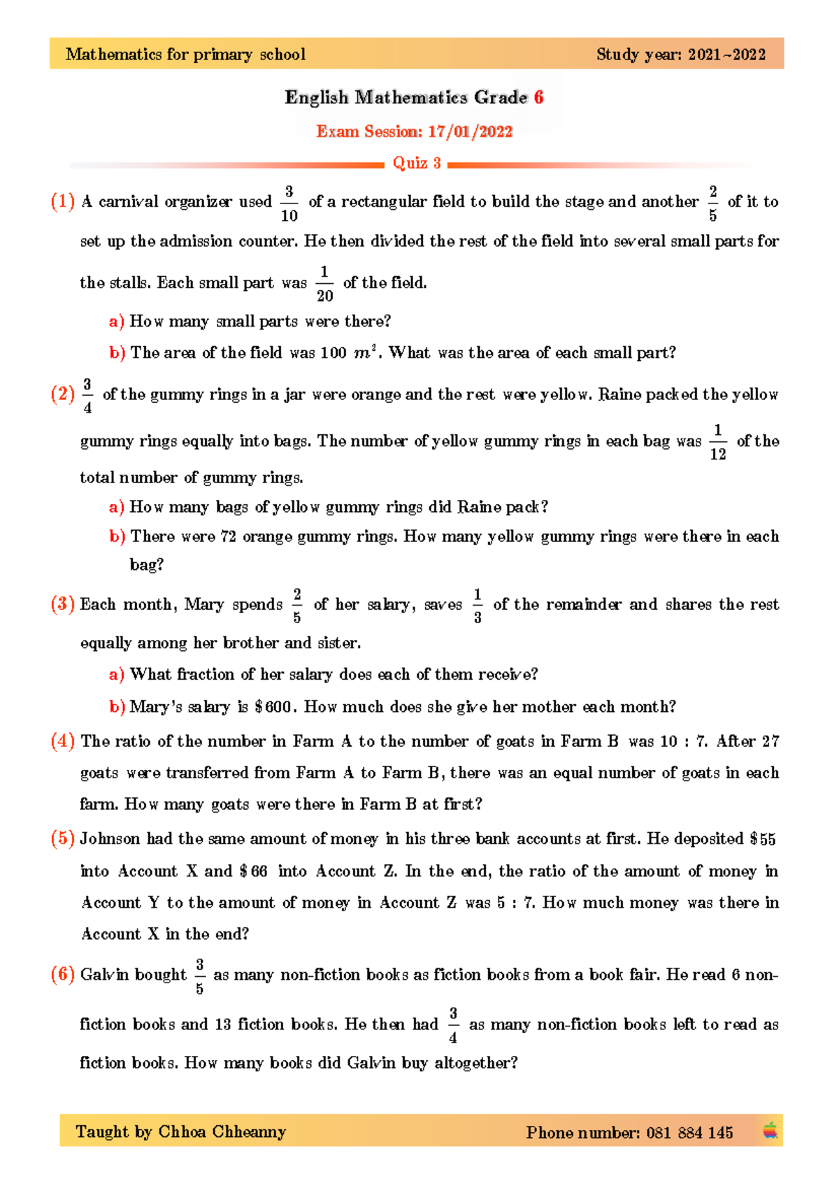 English Mathematics Grade 6 Quiz 3 Study Guide - Studocu