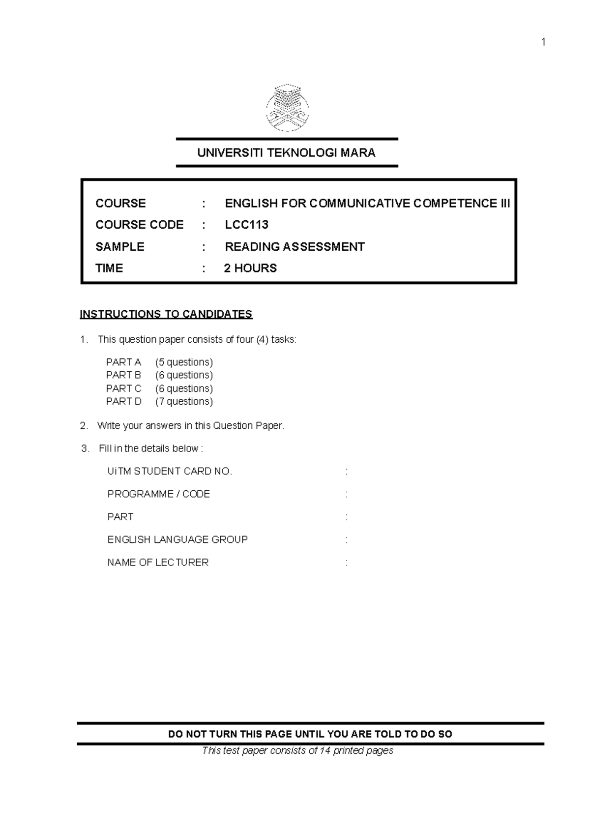 LCC113 Sample Reading Assessment for English Competence III - Studocu