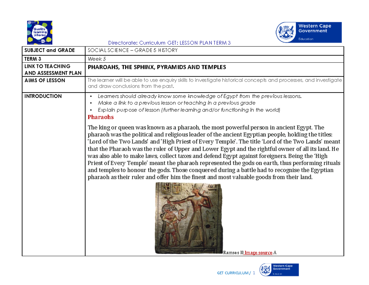 Grade 5 Social Science History Lesson Plan: Pharoahs & Pyramids T3 W5 ...