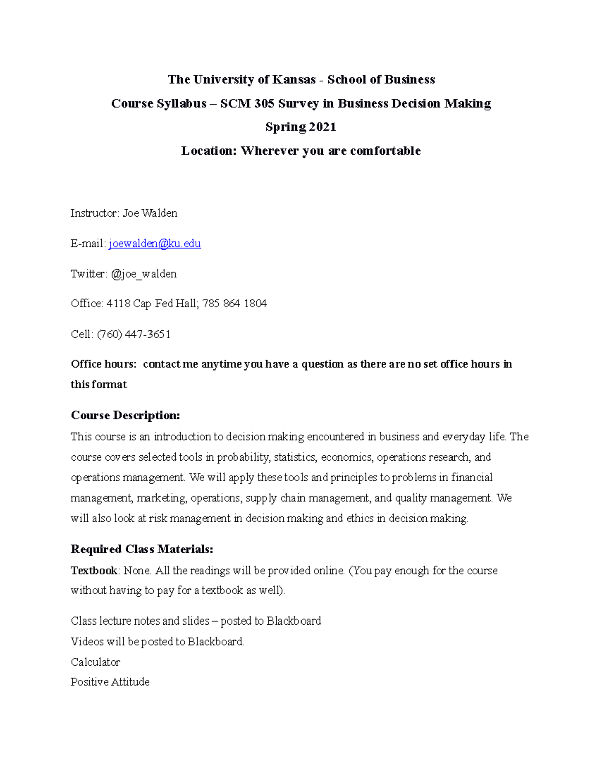 SCM 305 Spring 2021 Syllabus: Business Decision Making Overview - Studocu